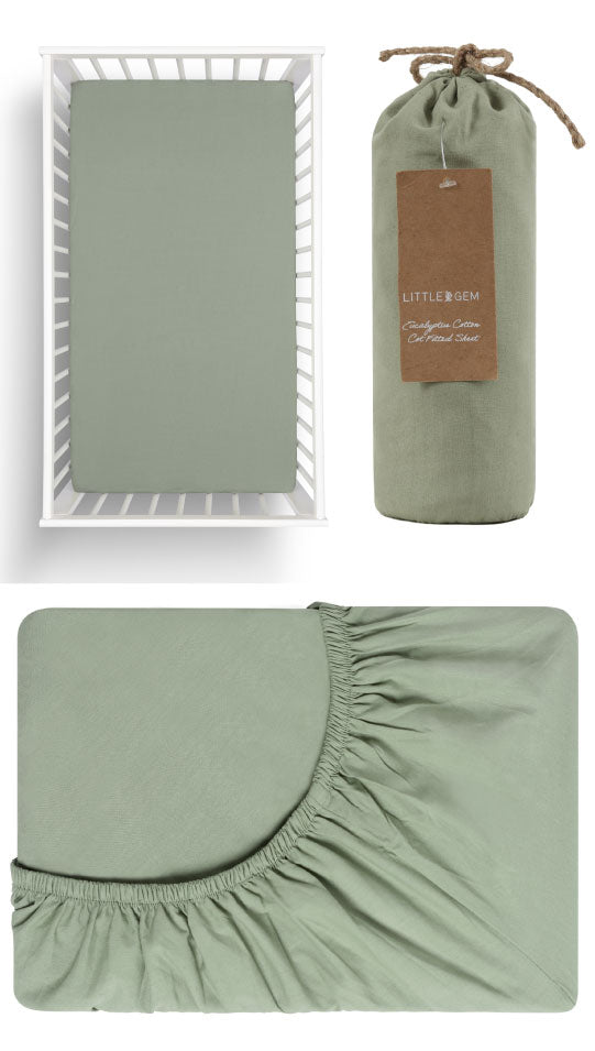 Eucalyptus Cotton Sage Cot Fitted Sheet by Little Gem – Cottonbox Pty Ltd